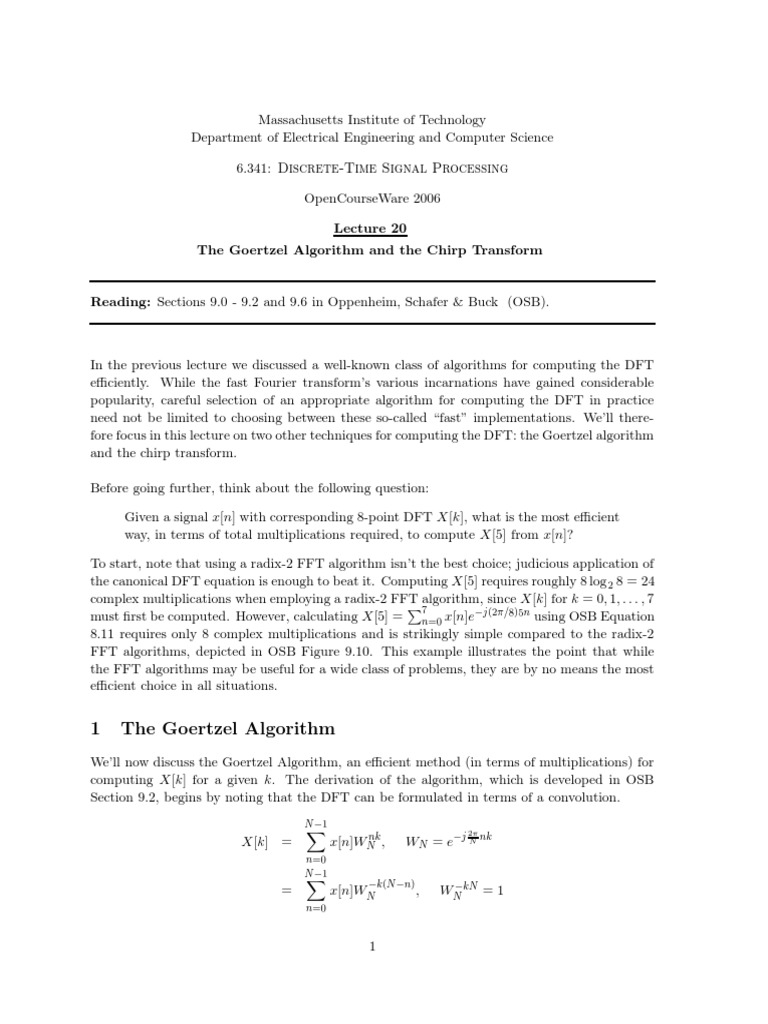 Lecture 20 of Goertzel Algo | PDF | Fast Fourier Transform | Discrete Fourier Transform