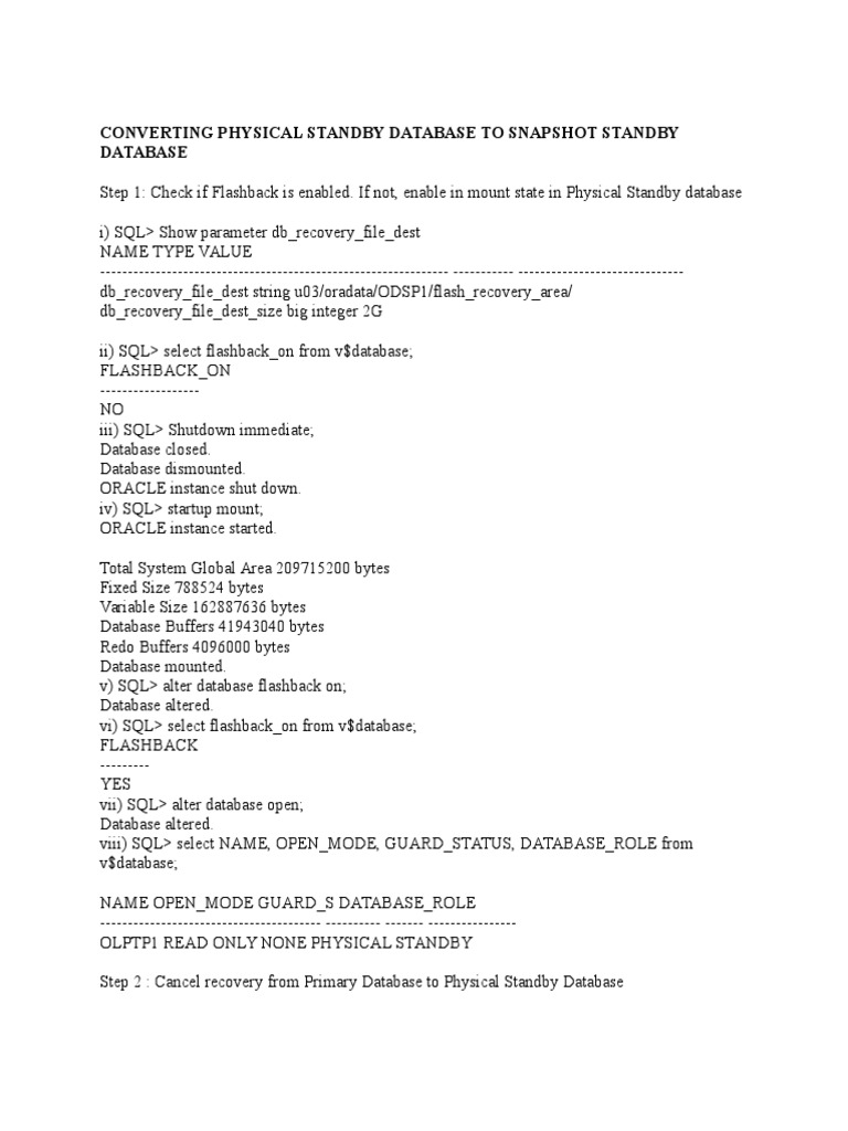 Oracle 11g Converting Physical Standby Database To Snapshot Standby Database | PDF | Oracle ...