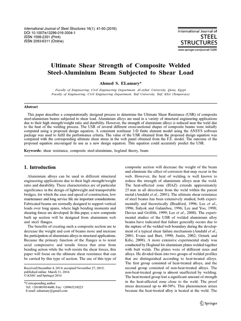 Ultimate Shear Strength of Composite Welded Steel-Aluminium Beam ...