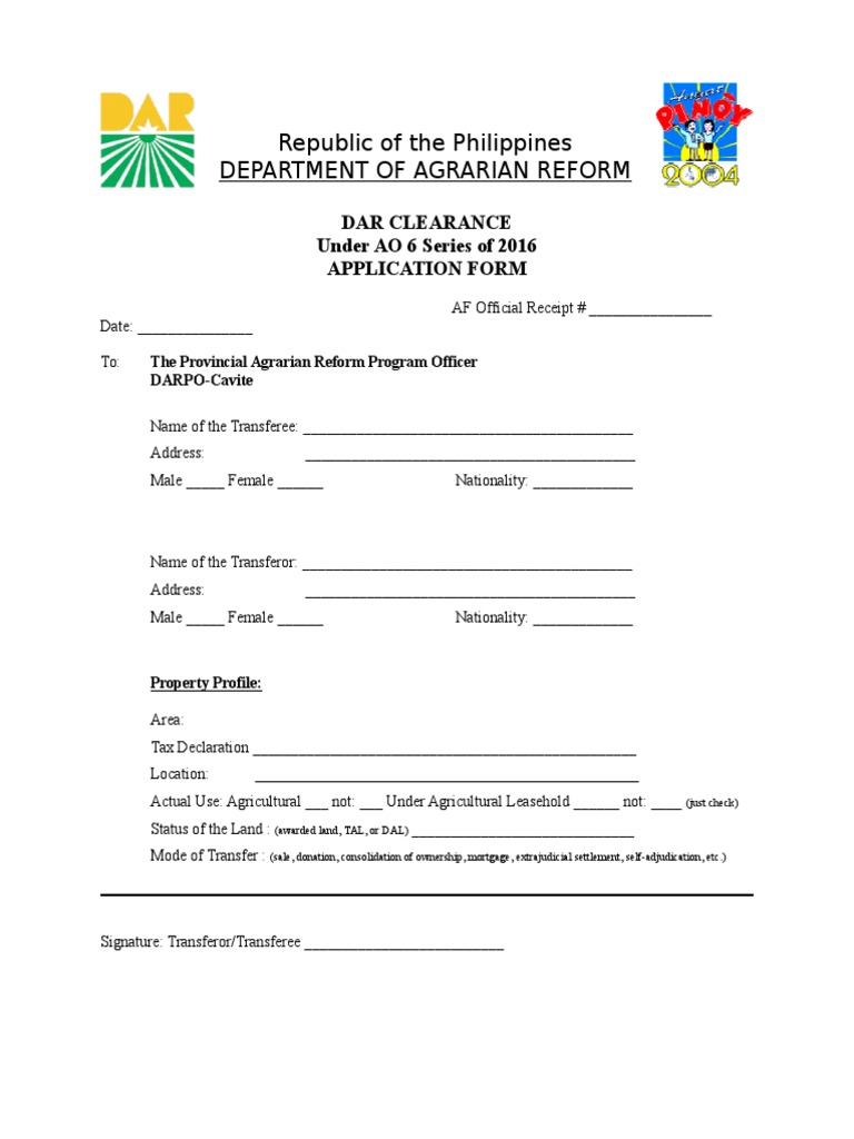 DAR Clearance Application Form (Blank) | Property Law | Real Property Law