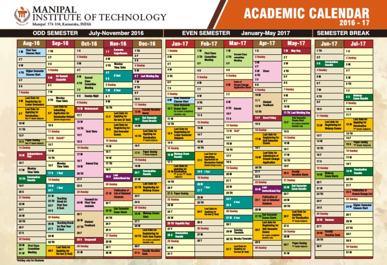 Manipal Academic Calendar 2016-17 | PDF | Academic Term | Educational ...