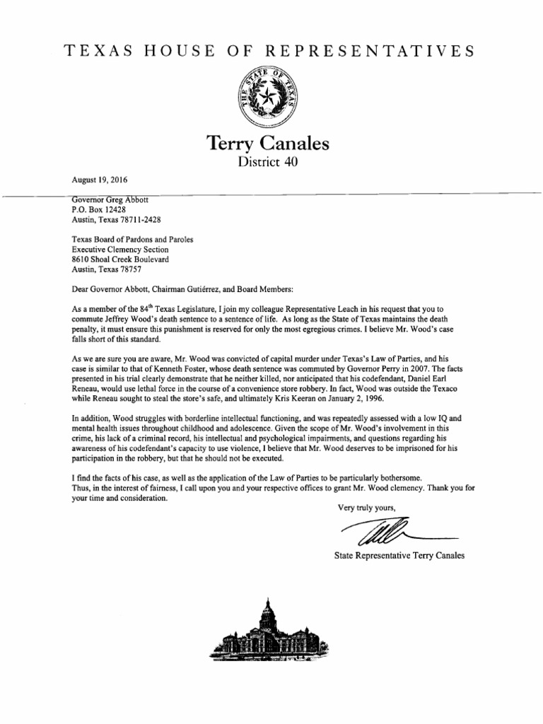State Rep Terry Canales Clemency Letter For Jeff Wood | PDF