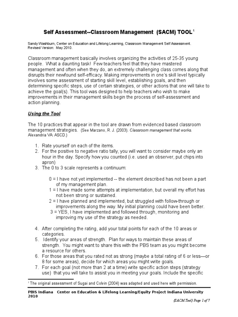 Classroom Management Self-Assessment Tool | PDF | Classroom Management ...