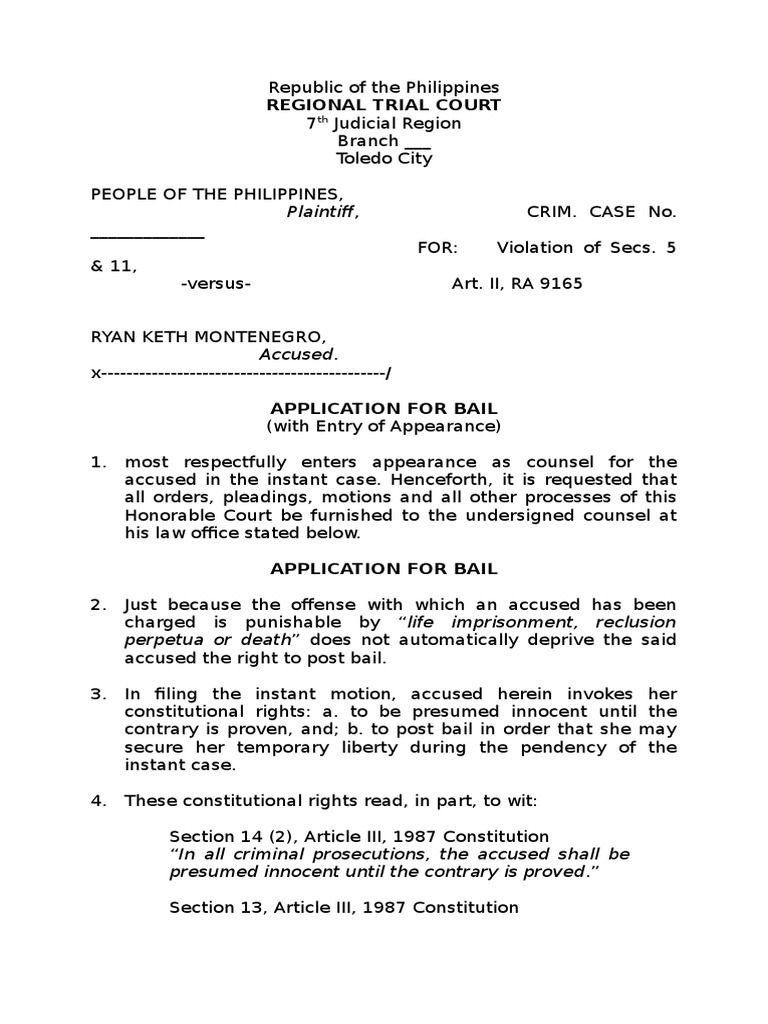Application For Bail | PDF | Bail | Evidence