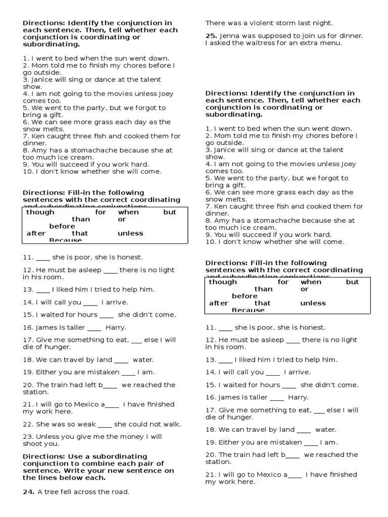 Conjunction Identification and Usage Worksheet | PDF | Leisure