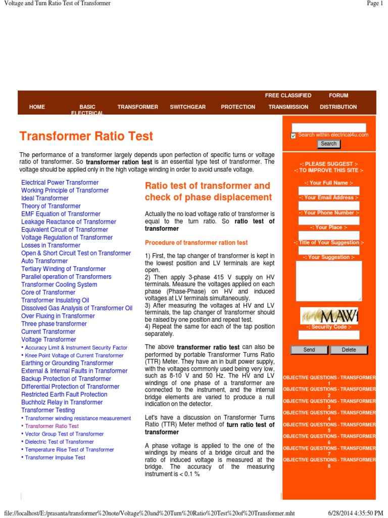 Voltage and Turn Ratio Test of Transformer | PDF | Transformer ...