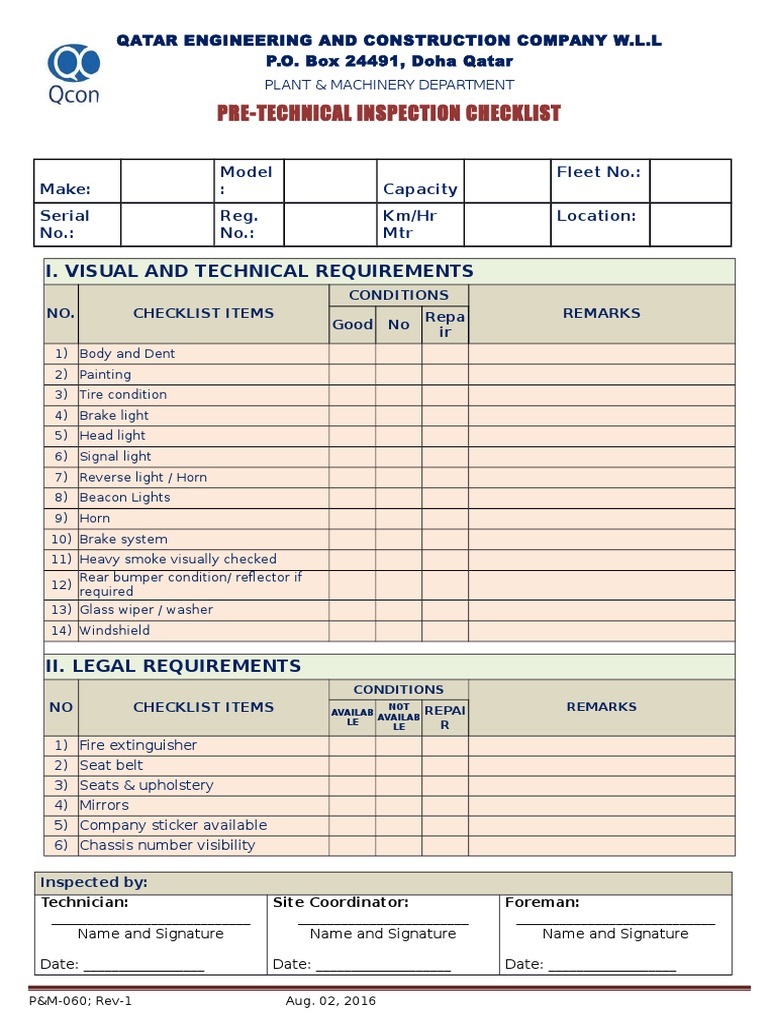 Pre-Technical Inspection Checklist | PDF