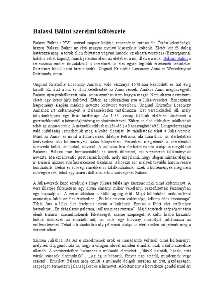 Balassi Bálint Szerelmi Költészete | PDF