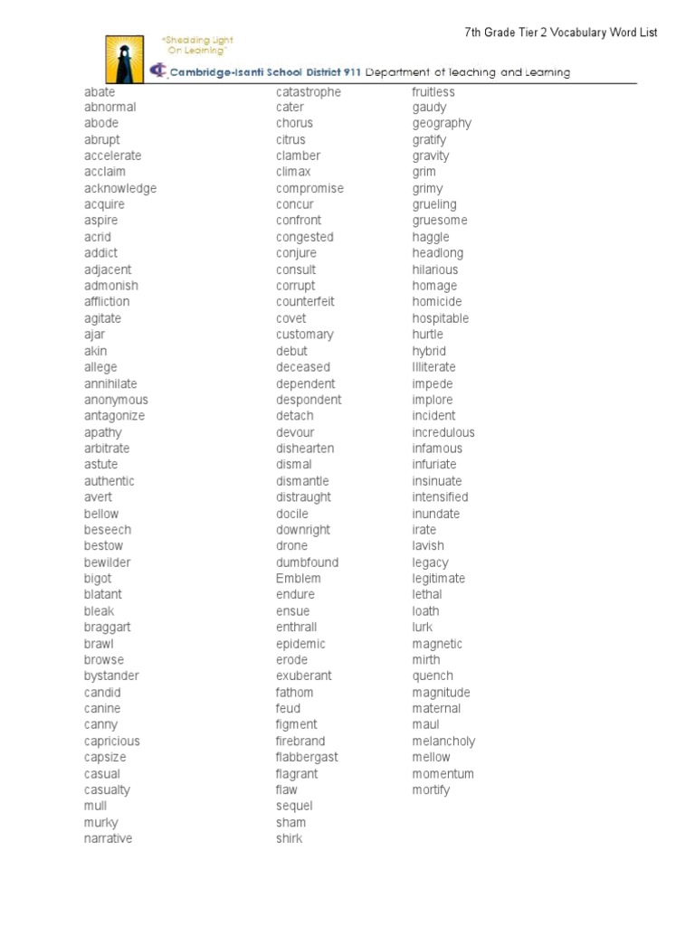 7th Grade Tier 2 Vocabulary Word List | PDF