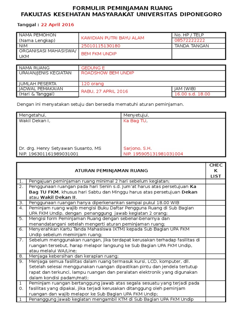 Form Peminjaman Ruang Di FKM | PDF
