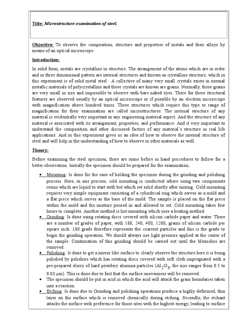 Title Microstructure Examination of Steel | PDF | Microstructure ...