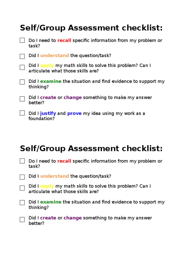 Self Group Assessment Checklist | PDF