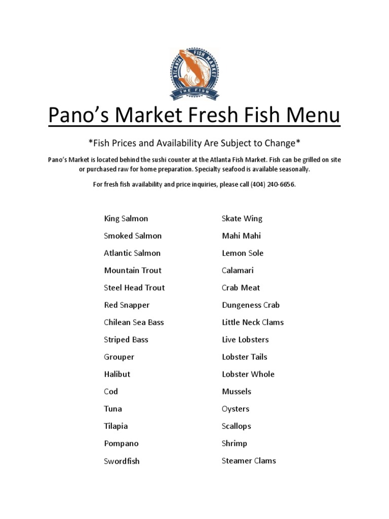 Pano's Market Fresh Fish Menu: Fish Prices and Availability Are Subject ...