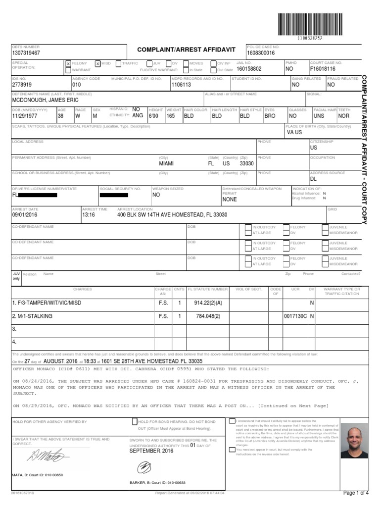 Complaint/Arrest Affidavit | Arrest Warrant | Arrest