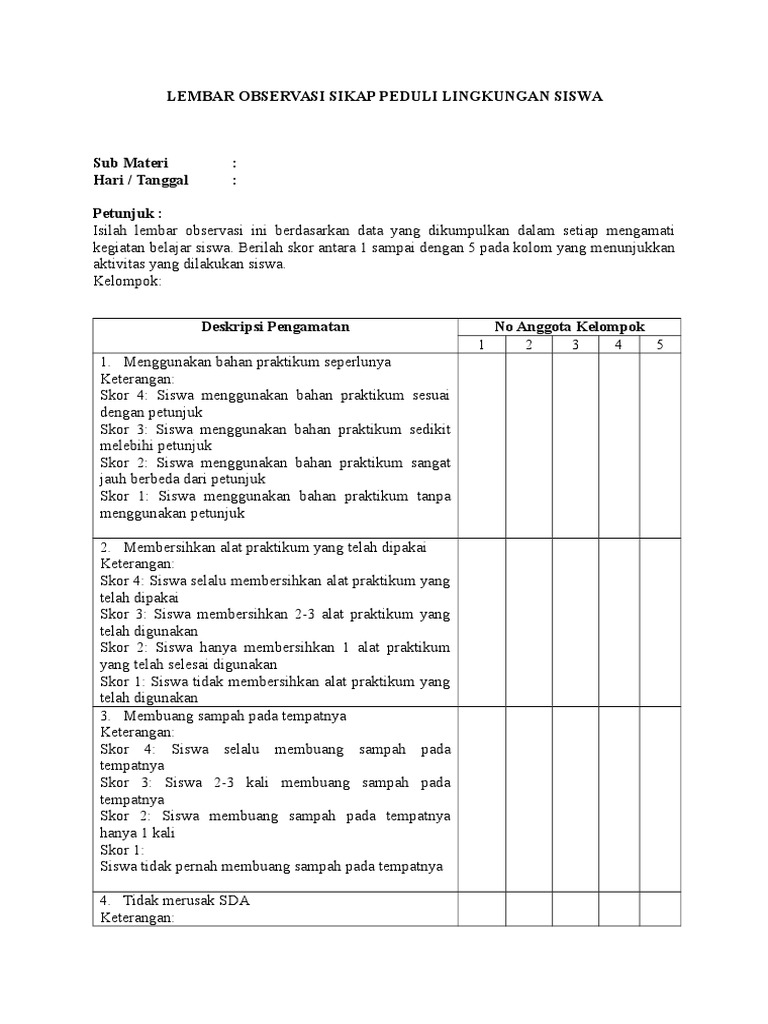 Lembar Observasi Sikap Peduli Lingkungan Siswa | PDF