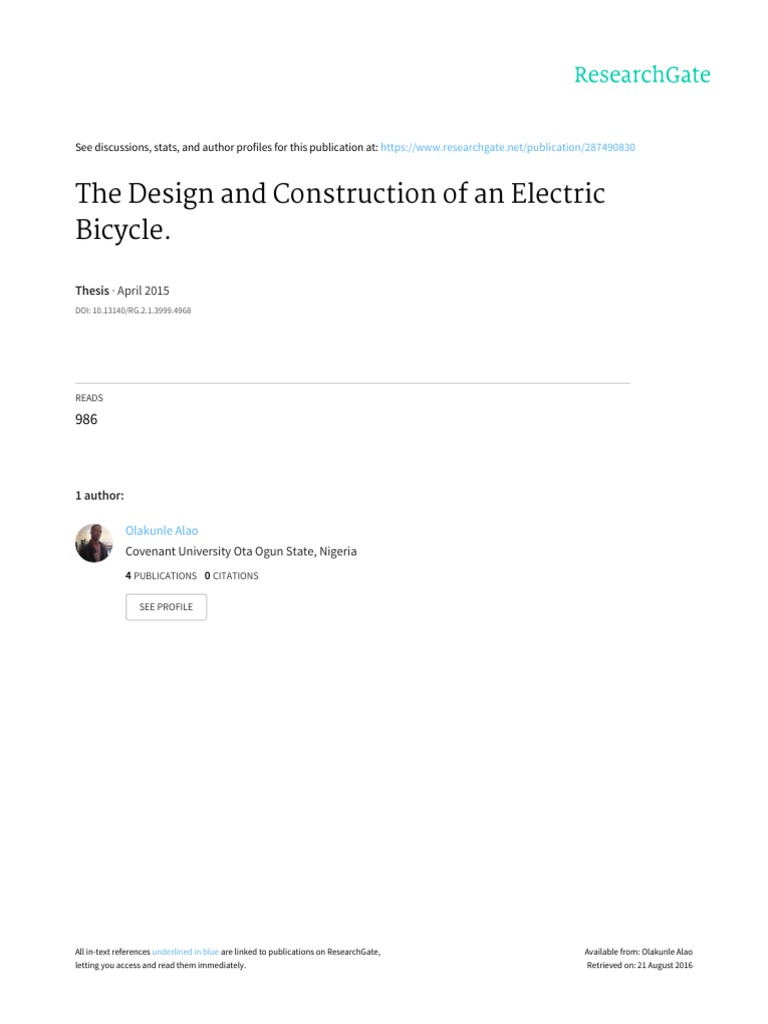 The Design and Construction of An Electric Bicycle PDF | Download Free ...