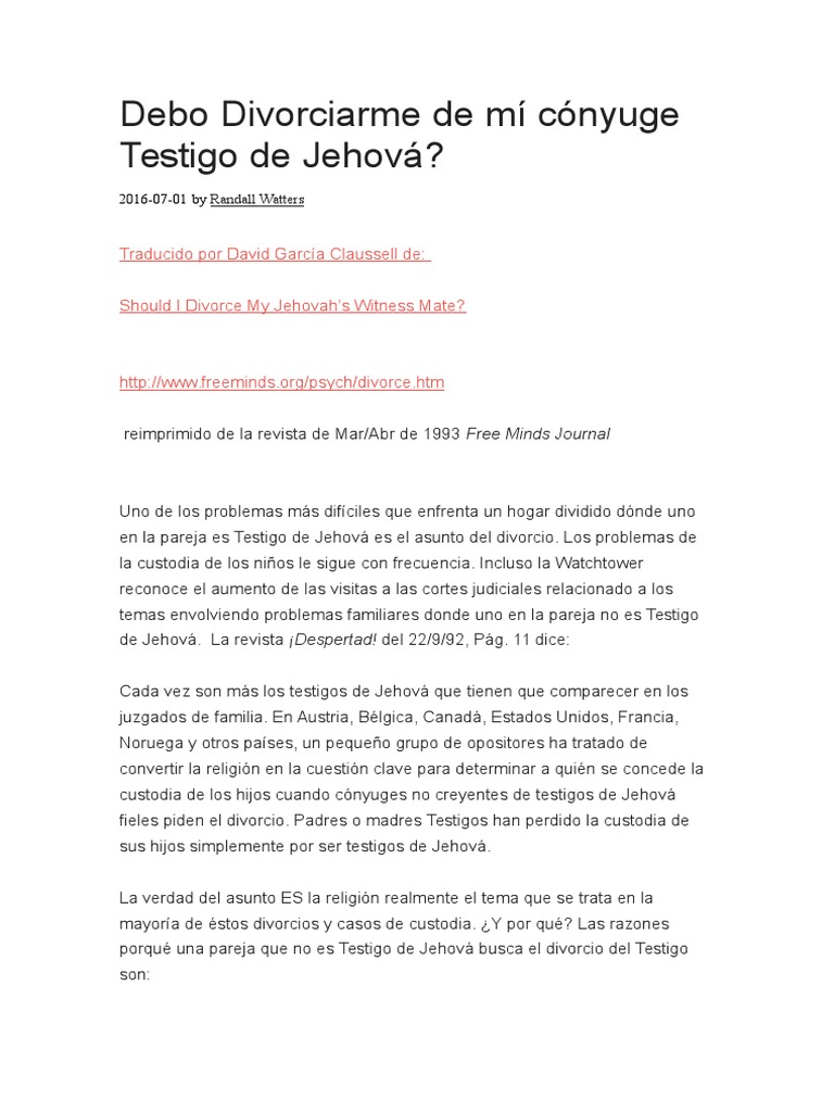 Divorcio y Testigos de Jehová: Consideraciones | PDF | Divorcio | Jehová