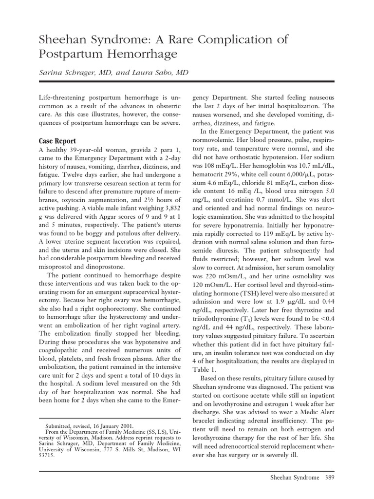 Sheehan Syndrome Sarina Schrager | PDF | Endocrine System | Glands