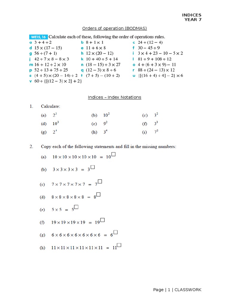 Orders of Operation (BODMAS) : Indices Year 7 | PDF | Technology ...