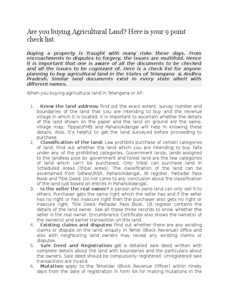 Are You Buying Agricultural Land? Here Is Your 9 Point Check List | PDF ...