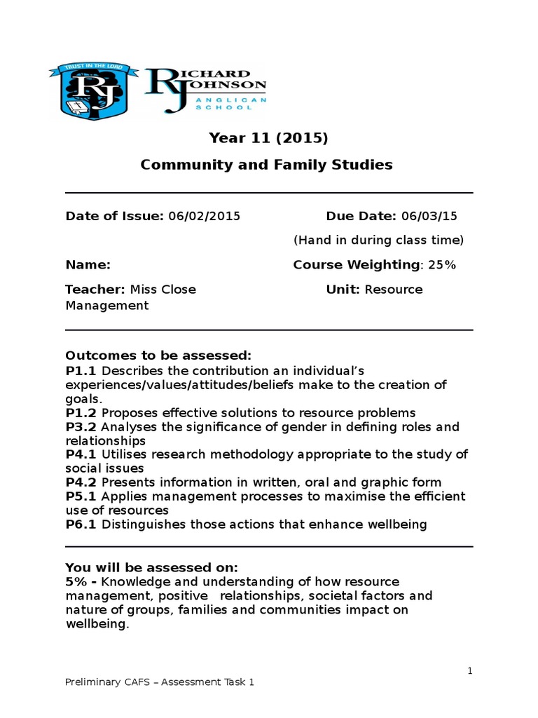 Year 11 CAFS Assessment Task 1 | PDF | Goal | Family