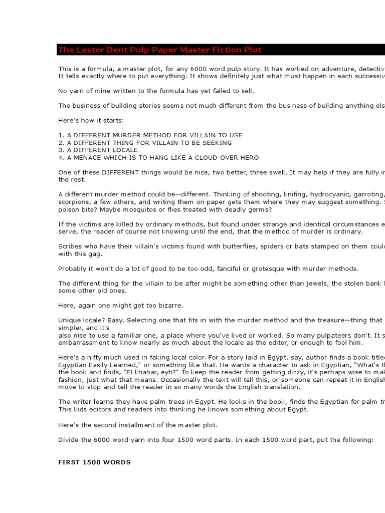The Lester Dent Pulp Paper Master Fiction Plot | PDF | Thriller (Genre ...