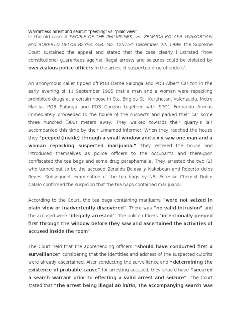 Warrantless Arrests and Searches: Peeping vs Plain View | PDF | Search ...