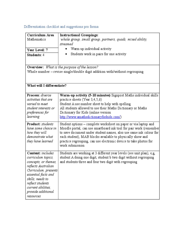 Differentiation Checklist and Suggestions Pro Forma | PDF | Curriculum ...