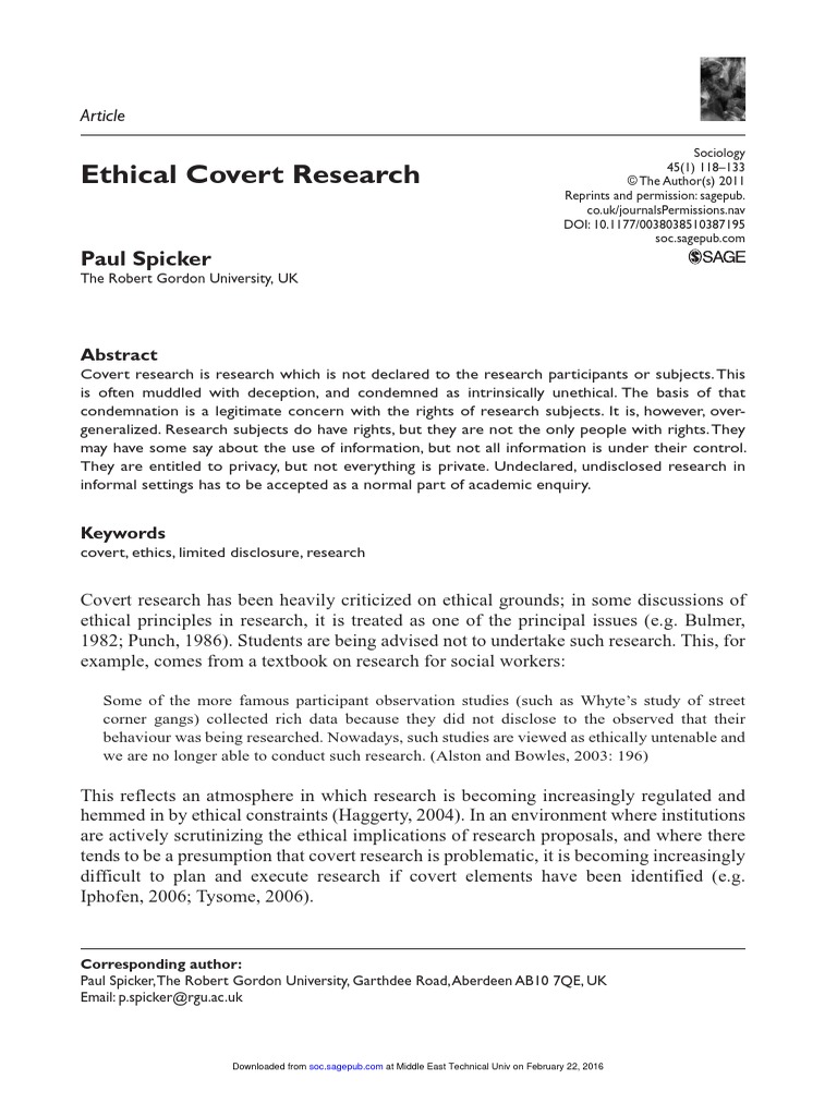 Spicker 201 Ethical Covert Research | PDF | Privacy | Deception