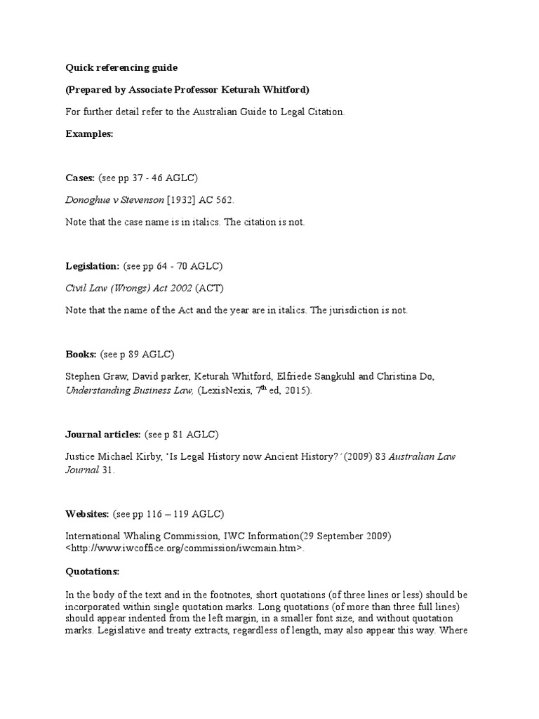 AGLC Quick Referencing Guide | PDF | Citation | Public Sphere