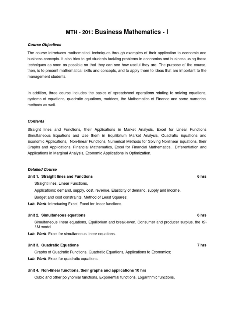 MTH 201 Business Mathematics-I - BBA | PDF | Nonlinear System | Equations