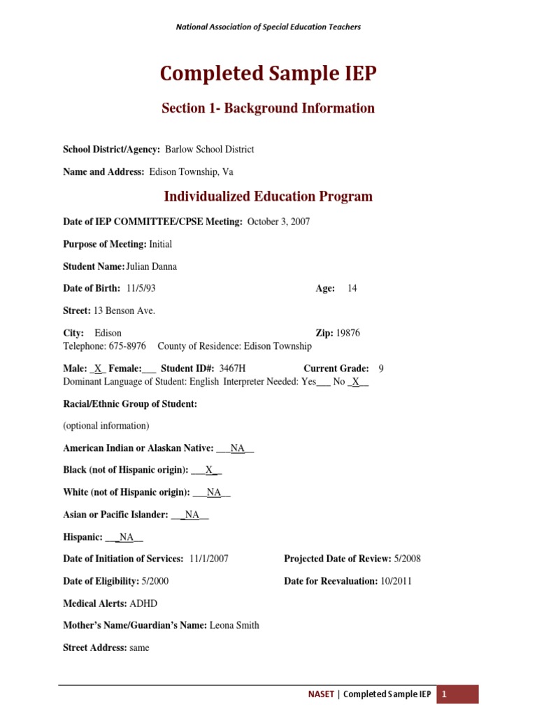 Sample IEP for ADHD Student | PDF | Individualized Education Program ...