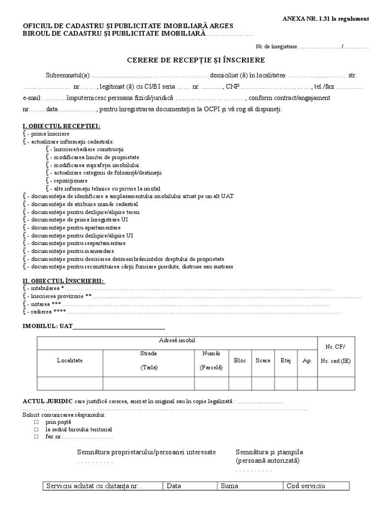 Anexa 1.31 Cerere de Receptie Si Inscriere2 | PDF