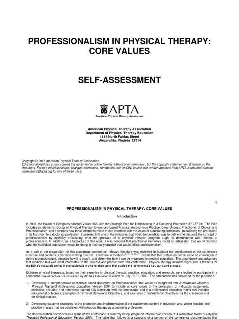 APTA Professionalism Core Values Self Assessment | PDF | Psychotherapy ...