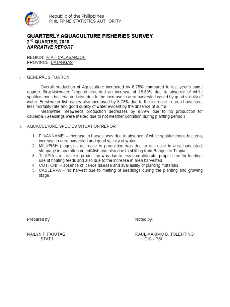 2nd Quarterly Narrative Report Fisheries Survey 2016 | PDF | Tuna | Hobbies