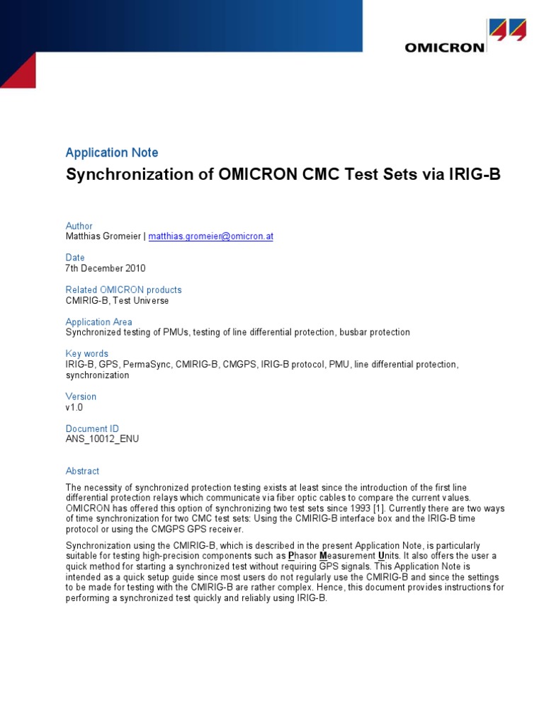 Synchronization of OMICRON CMC Test Sets Via IRIG-B | PDF | Global ...