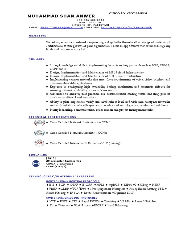 CV | PDF | Virtual Private Network | Cisco Certifications