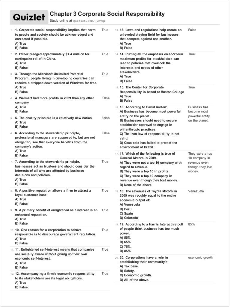 CSR Quiz | PDF | Corporate Social Responsibility | Stakeholder (Corporate)