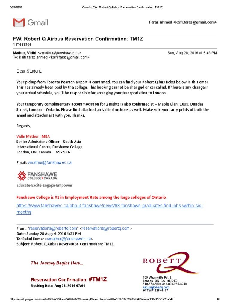 Gmail - FW - Robert Q Airbus Reservation Confirmation - TM1Z | PDF ...