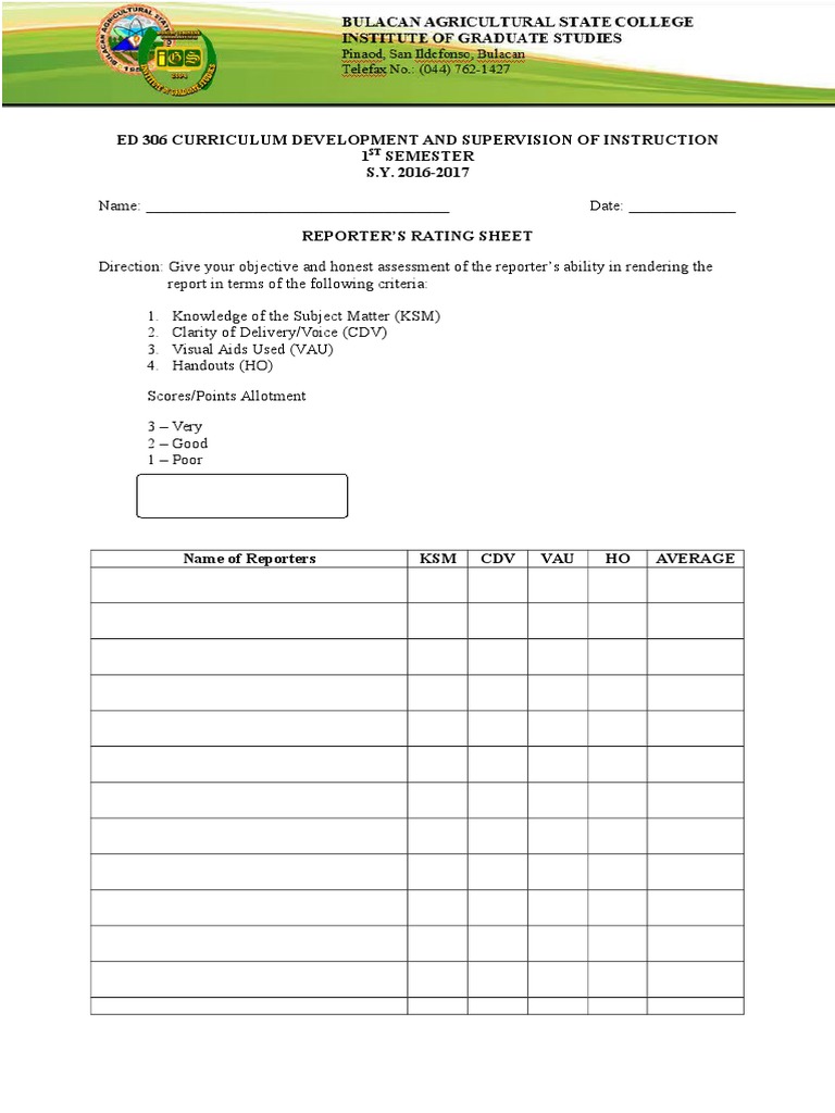 Reporter's RatingRating Sheet Sheet | PDF