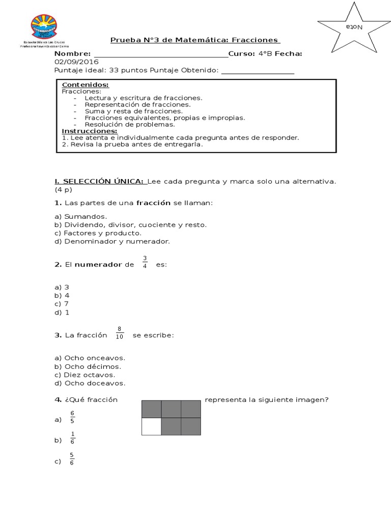 Prueba de Fracciones 4°B | PDF
