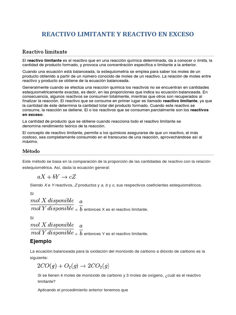 Reactivo Limitante y Reactivo en Exceso | PDF | Reacciones químicas | Procesos unitarios
