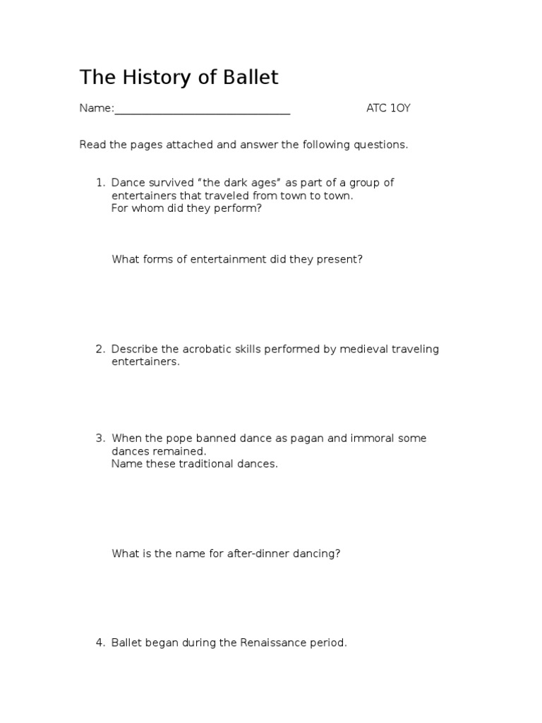 The History of Ballet Reading Worksheet | PDF | Ballet | Dances