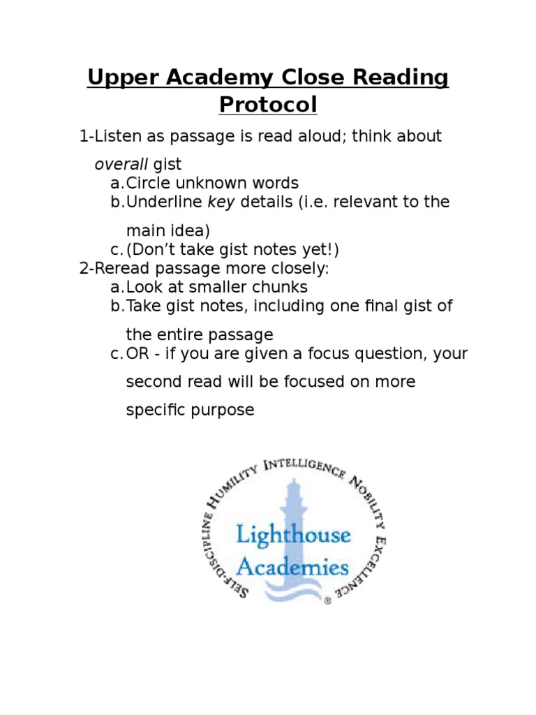 Upper Academy Close Reading Protocol | PDF
