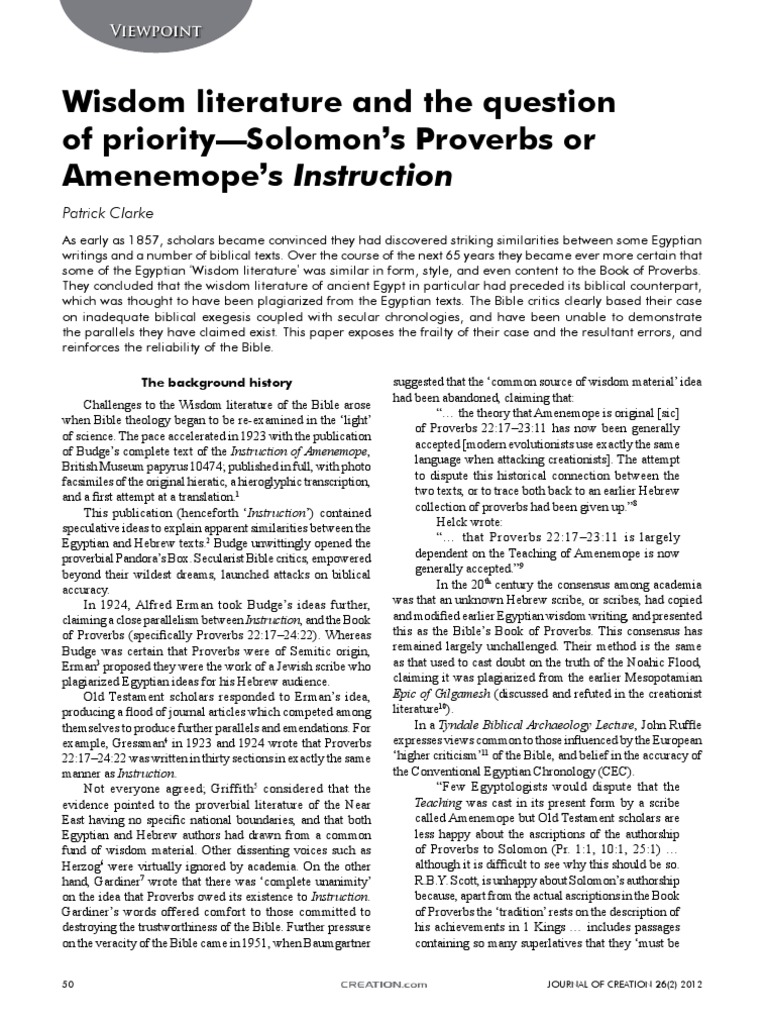 Wisdom Literature and The Question of Priority-Solomon's Proverbs or ...