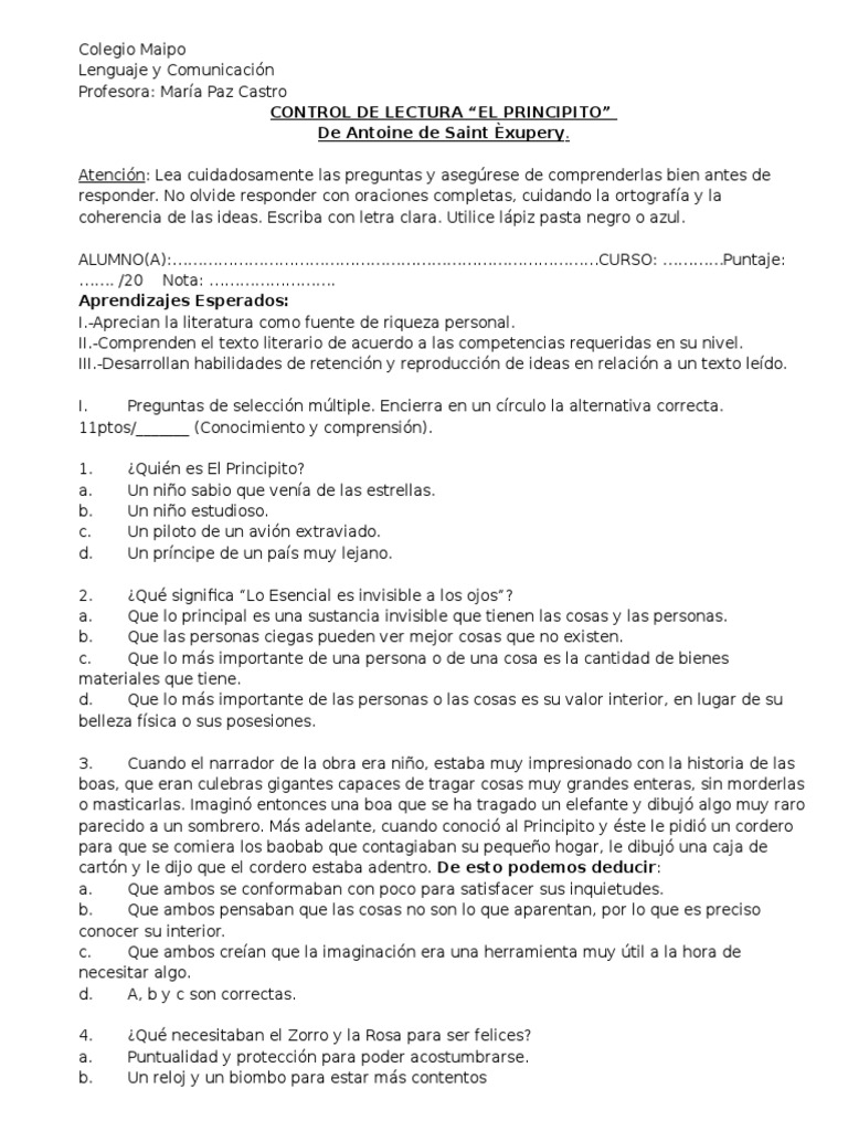Control de Lectura El Principito | PDF | El Principito | Lectura (proceso)