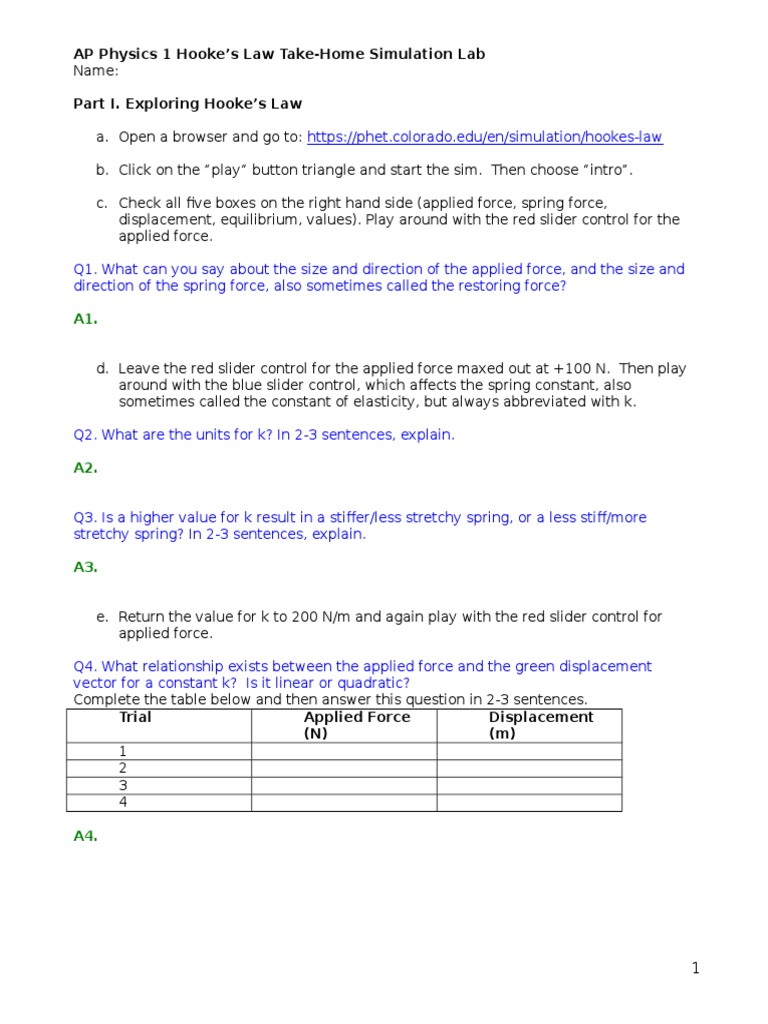 AP Physics 1 Hooke’s Law Lab Simulation | PDF | Deformation (Mechanics ...