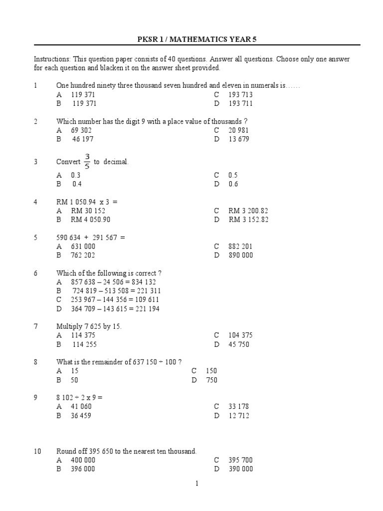 Mathematics Year 5 Paper 1 PKSR 1 | PDF | Mathematics | Mathematical ...
