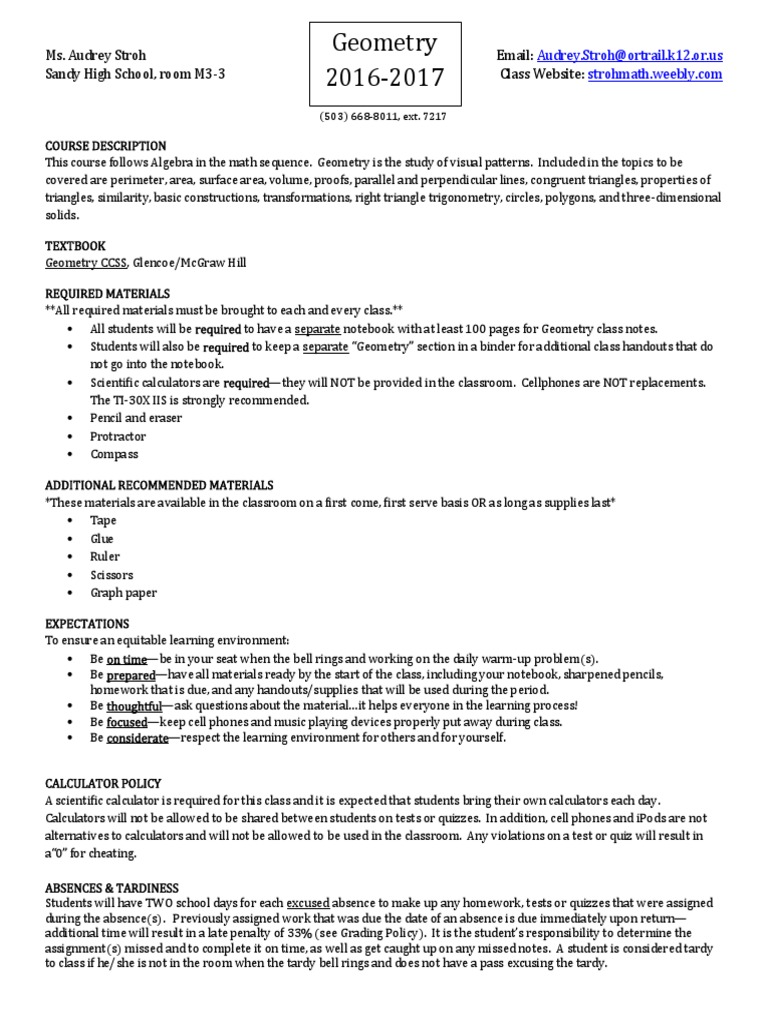 Geometry Syllabus 2016-2017 | PDF | Educational Assessment | Homework