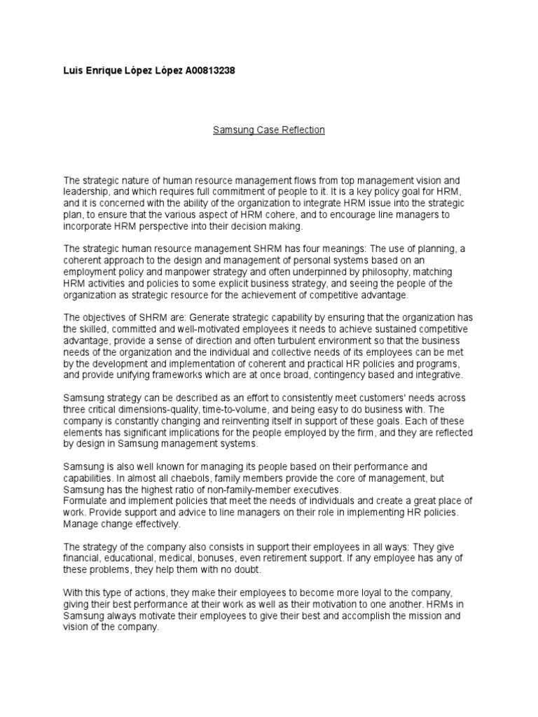 Samsung Case Reflection | Human Resource Management | Strategic Management